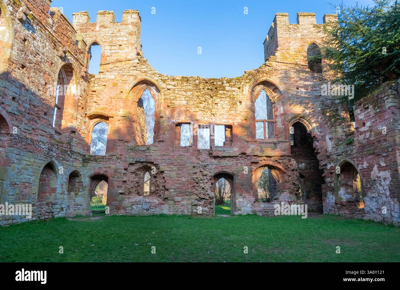 Castle ruins at Acton Burnell in Shropshire, UK. Remains of red ...