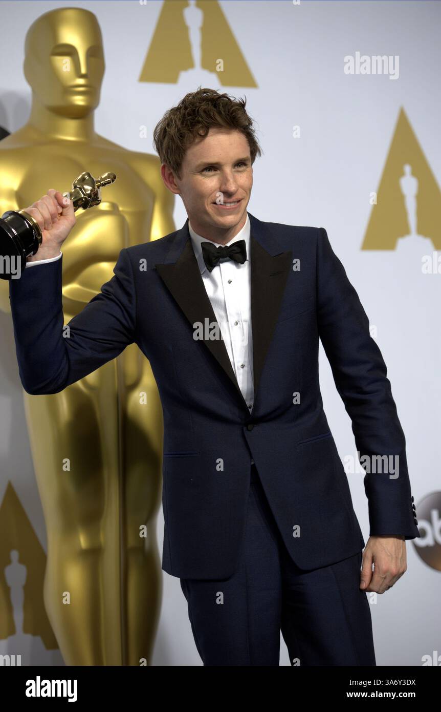 Actor Eddie Redmayne poses in press room of the 87th Academy Awards ...