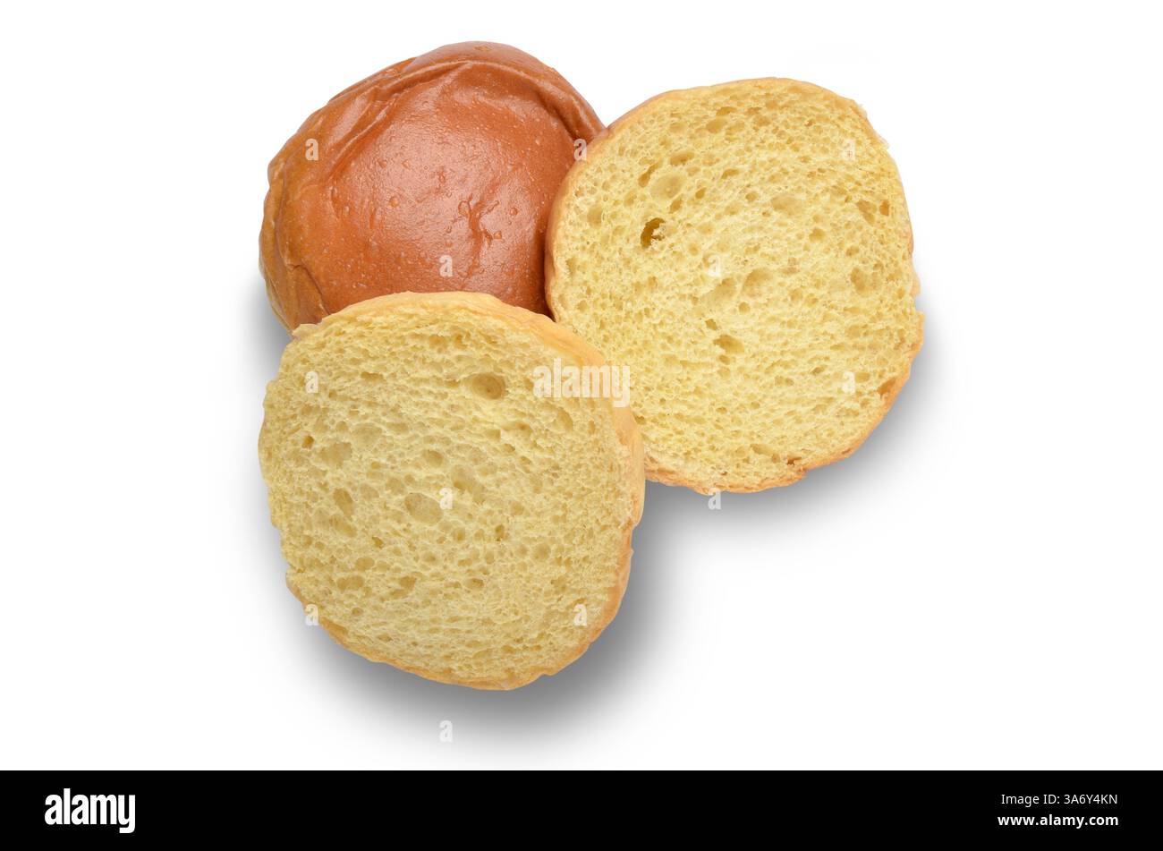 Brioche Bread Buns top view isolated on white one is closed the other ...