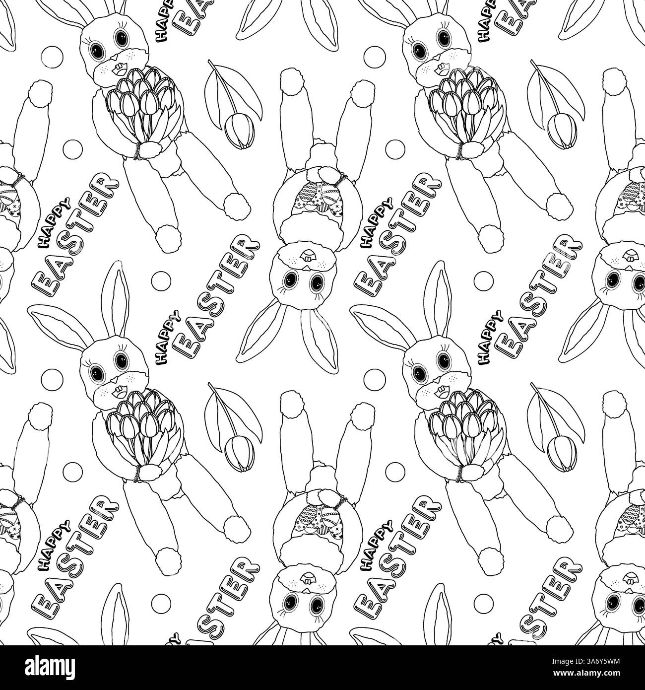 Black and white anthropomorphic Easter bunny seamless pattern with ...