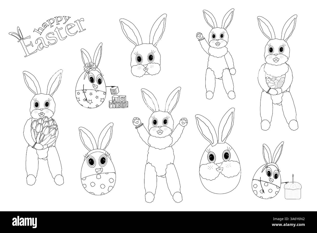 Adorable Easter bunny and eggs characters coloring page set with cute ...