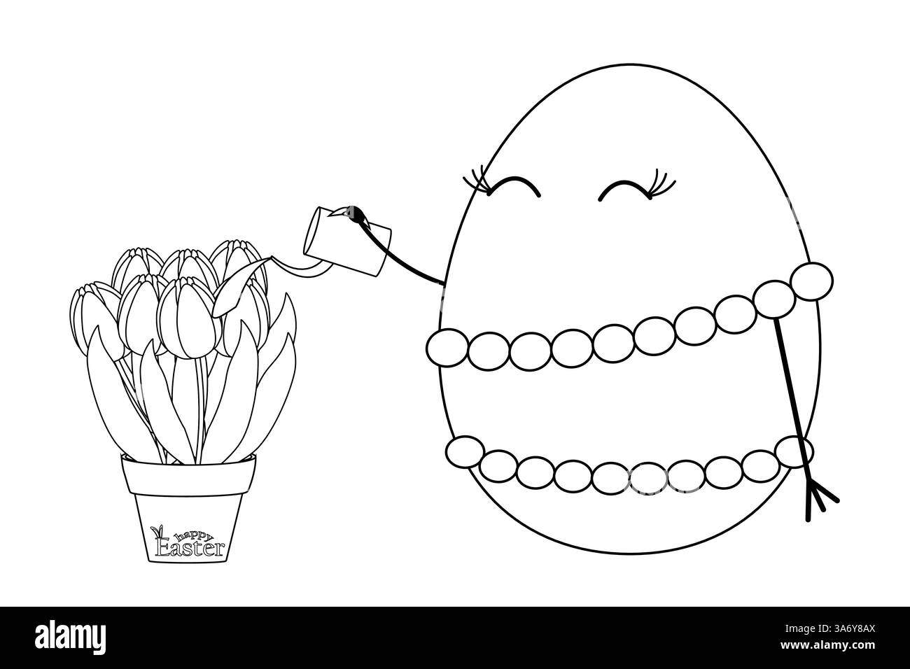 Adorable black and white Easter egg character watering tulips in a pot ...