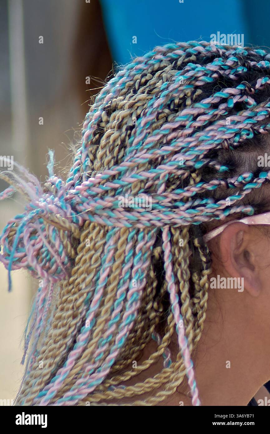 A close-up of colorful braids interwoven with shades of blonde, pink ...