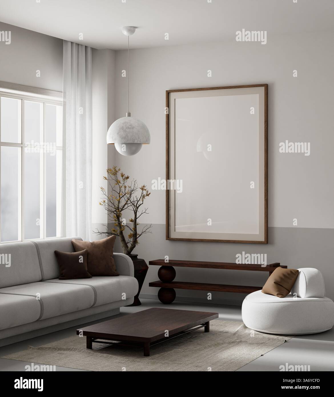 living room interior mock up with modern furnitures. Poster frame mock ...