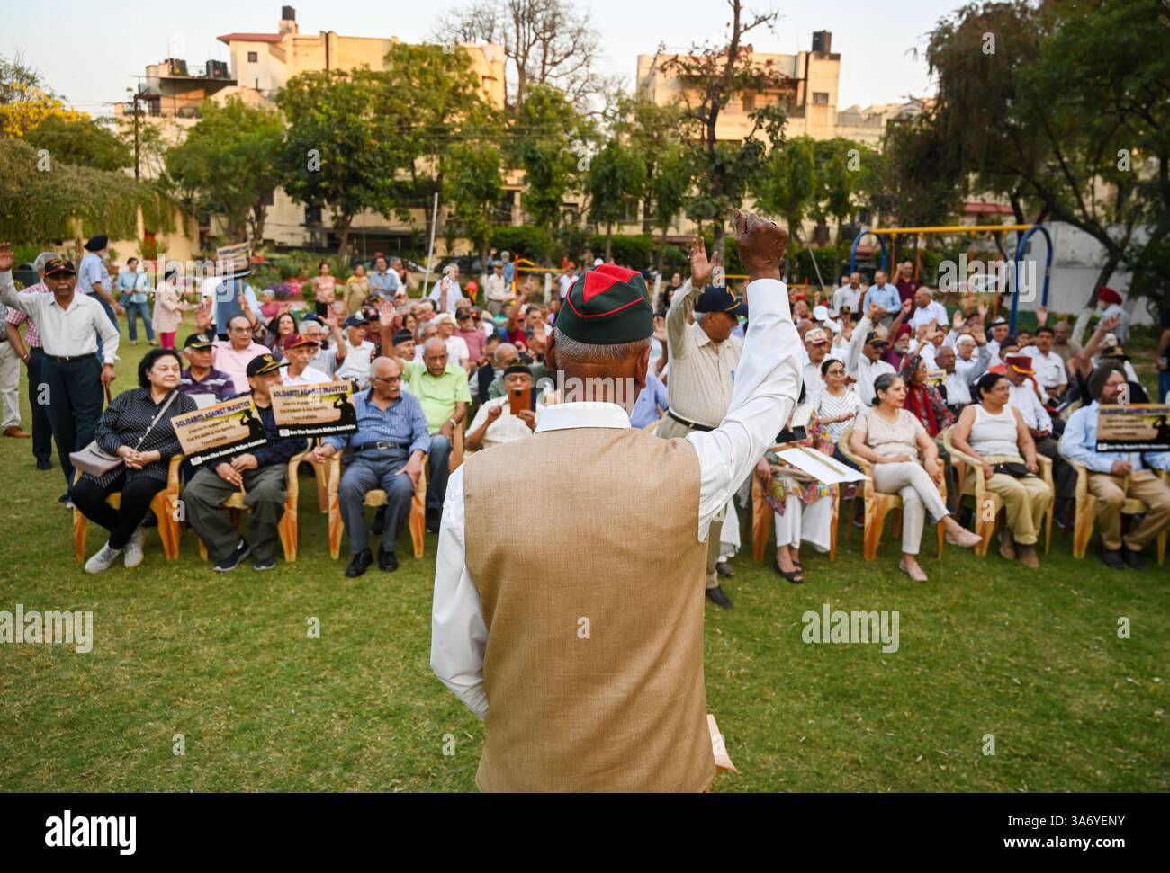 NOIDA, INDIA - MARCH 25: Army Veterans and Residents of Arun Vihar ...