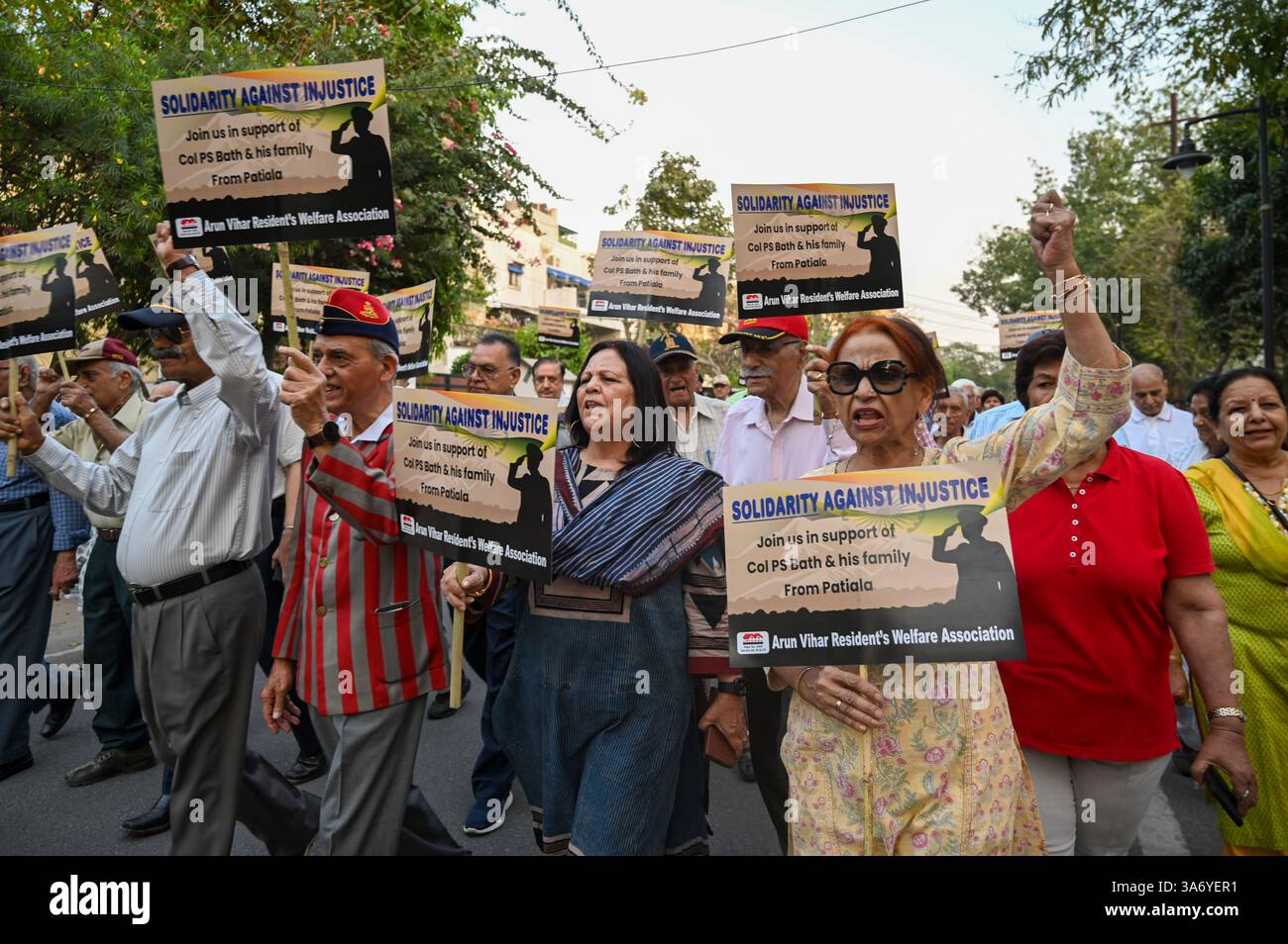 NOIDA, INDIA - MARCH 25: Army Veterans and Residents of Arun Vihar ...