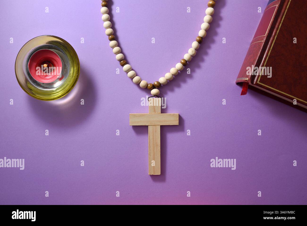 Religious background with tools for prayer with a Christian cross Bible ...