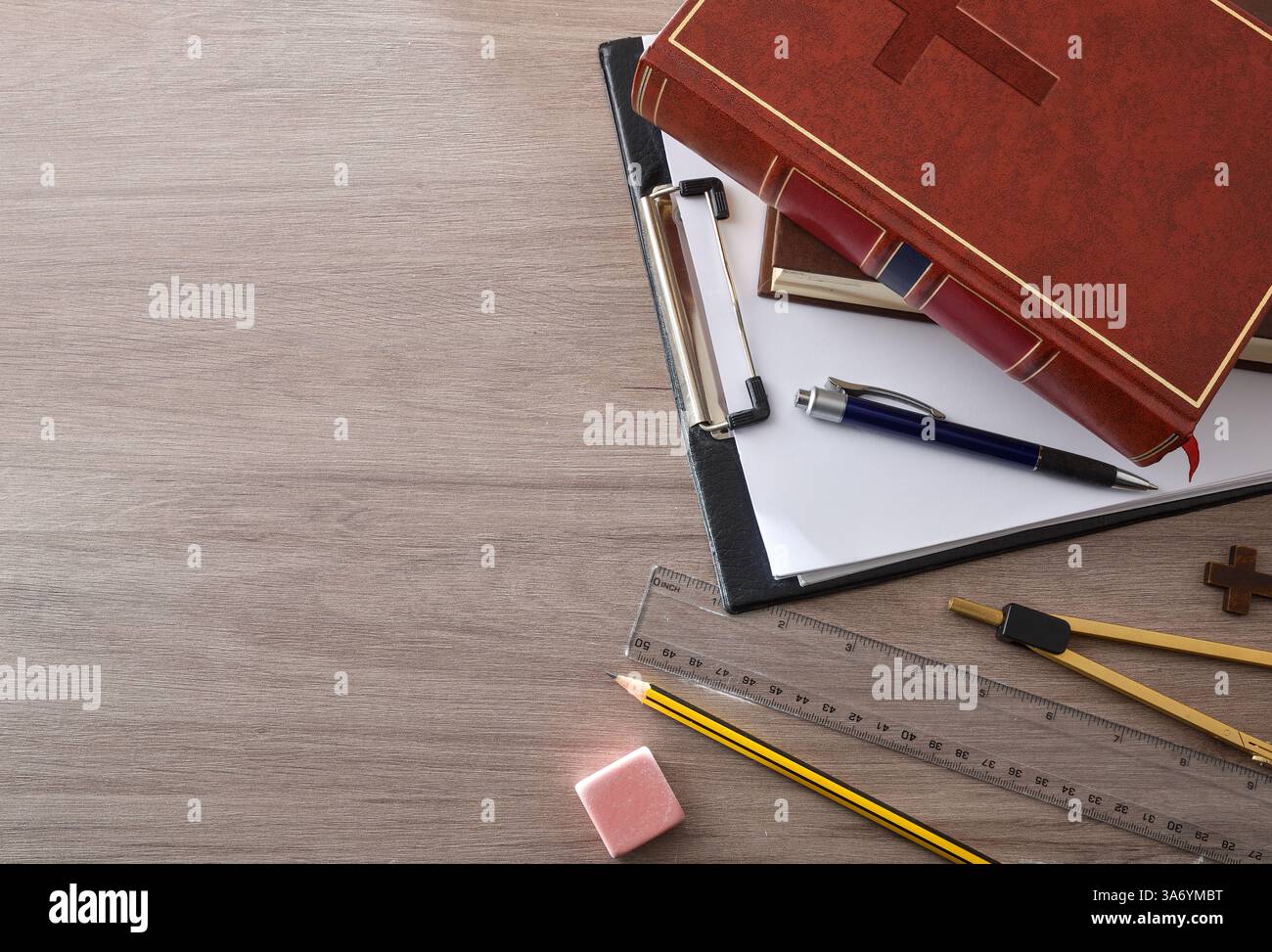 Religious education with Bible textbooks and folders with and ...