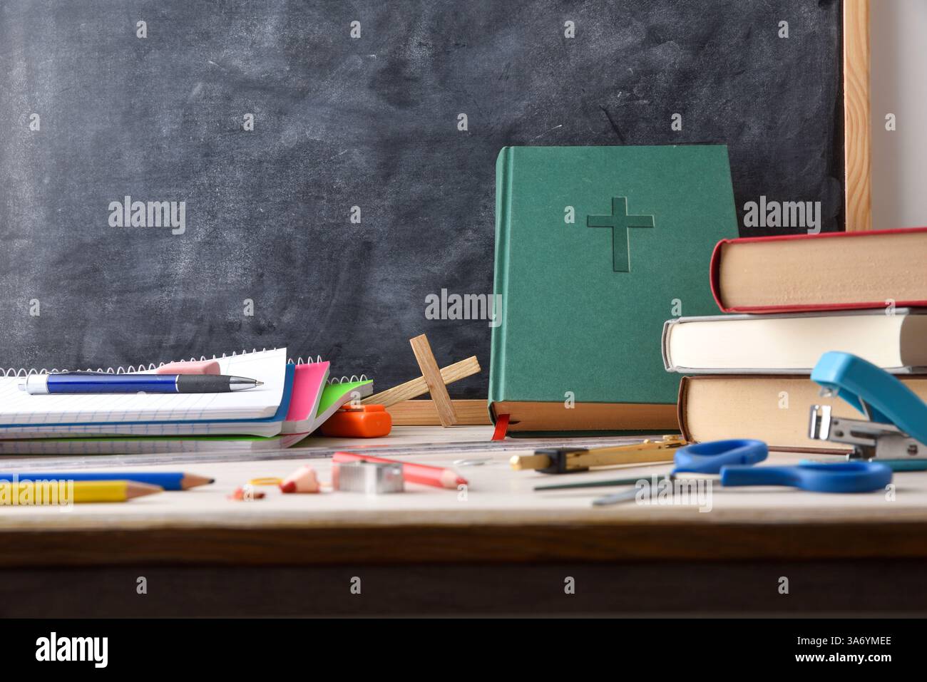 Educational background with religion class with desk with tools, Bible ...