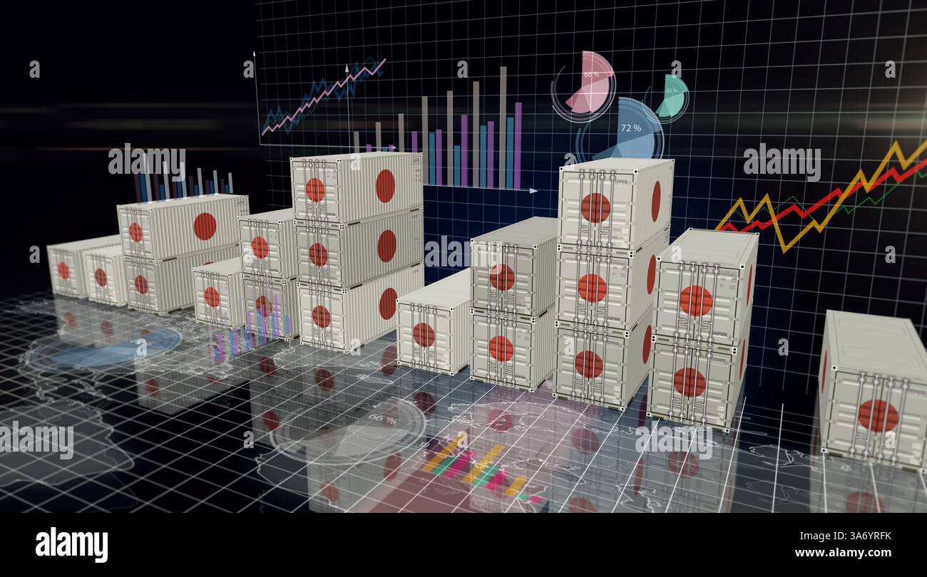 Japan export production and import cargo containers on charts and ...