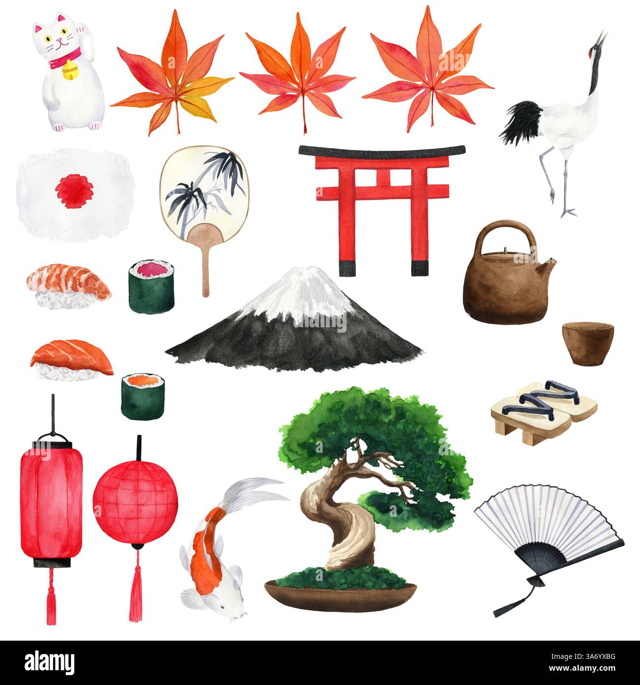 Large set with Koi fish, red lantern, bonsai tree of pine, fans, flag ...