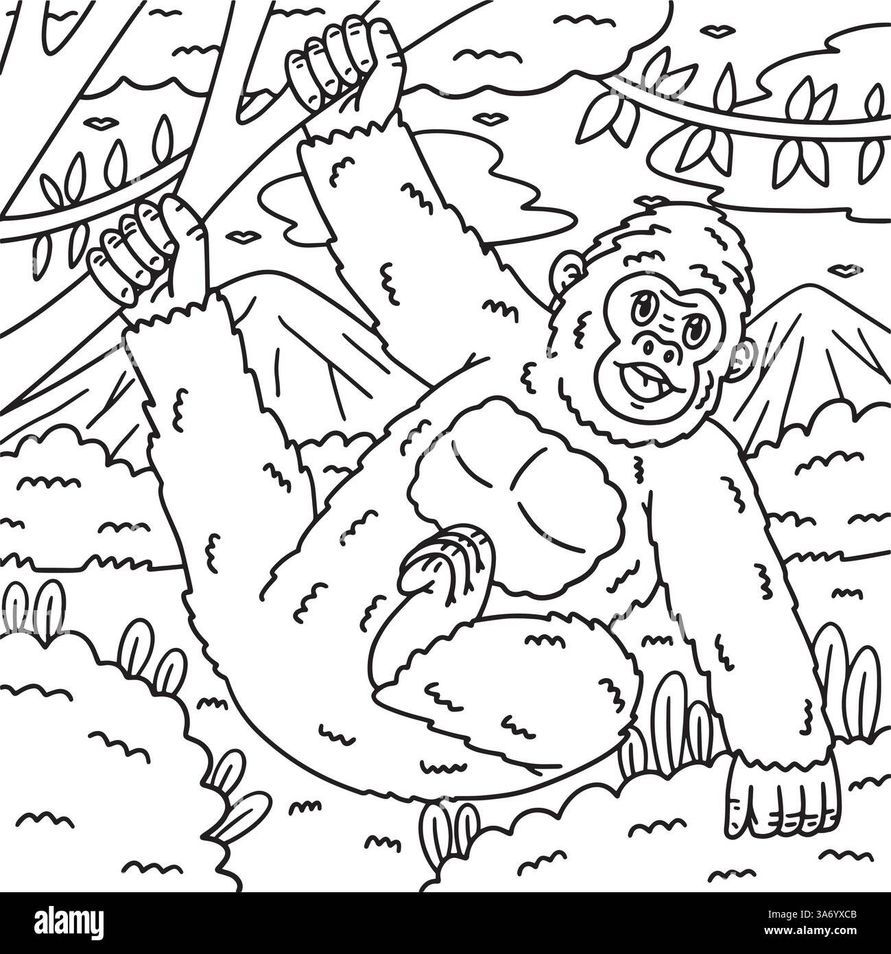 Gorilla Hanging from Branch Coloring Page for Kids Stock Vector Image ...