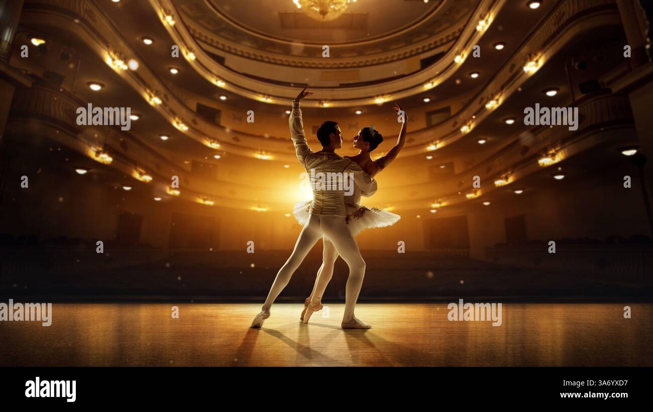 Romantic ballet duo in dramatic pose, golden spotlight illuminating ...