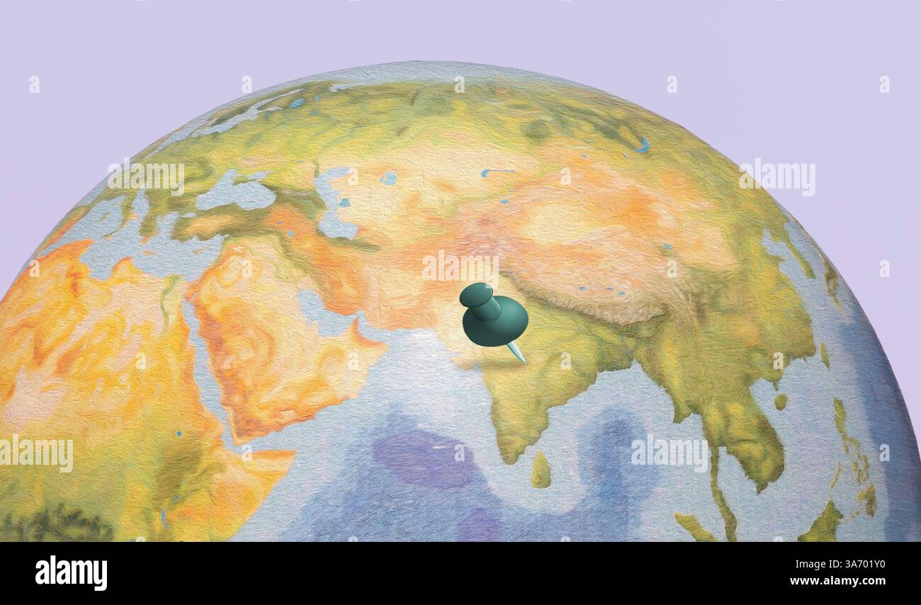 Globe map of Earth with the pin on India (other global regions include ...