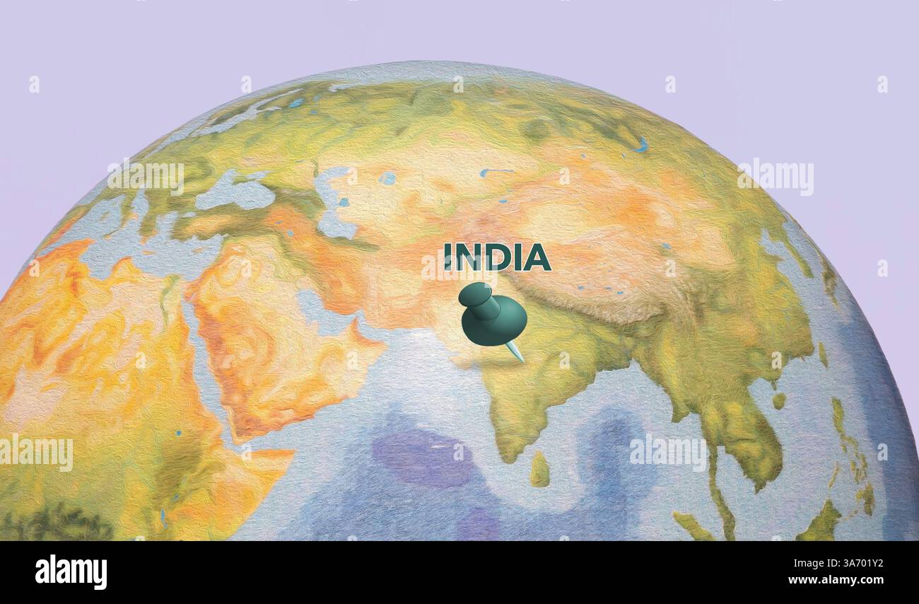 Word "India" pinned on the global map of Earth (other global regions ...