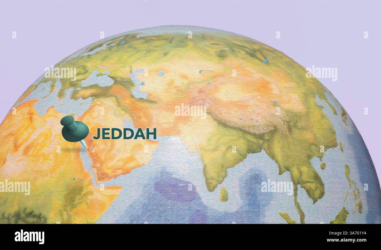 Word "Jeddah", the Saudi city, pinned on the global map with focus on ...