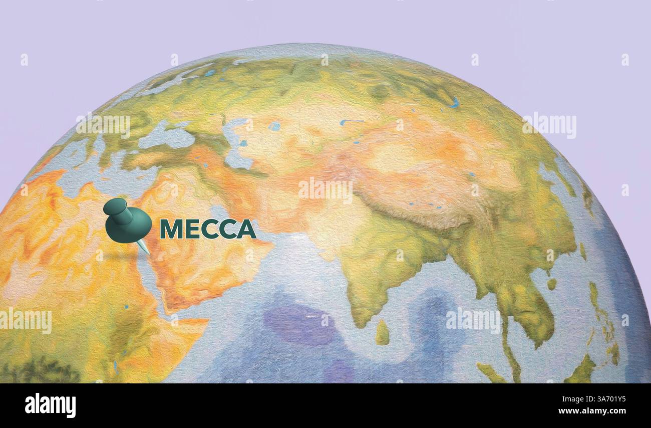 Word "Mecca", the sacred Saudi city, pinned on the global map with ...