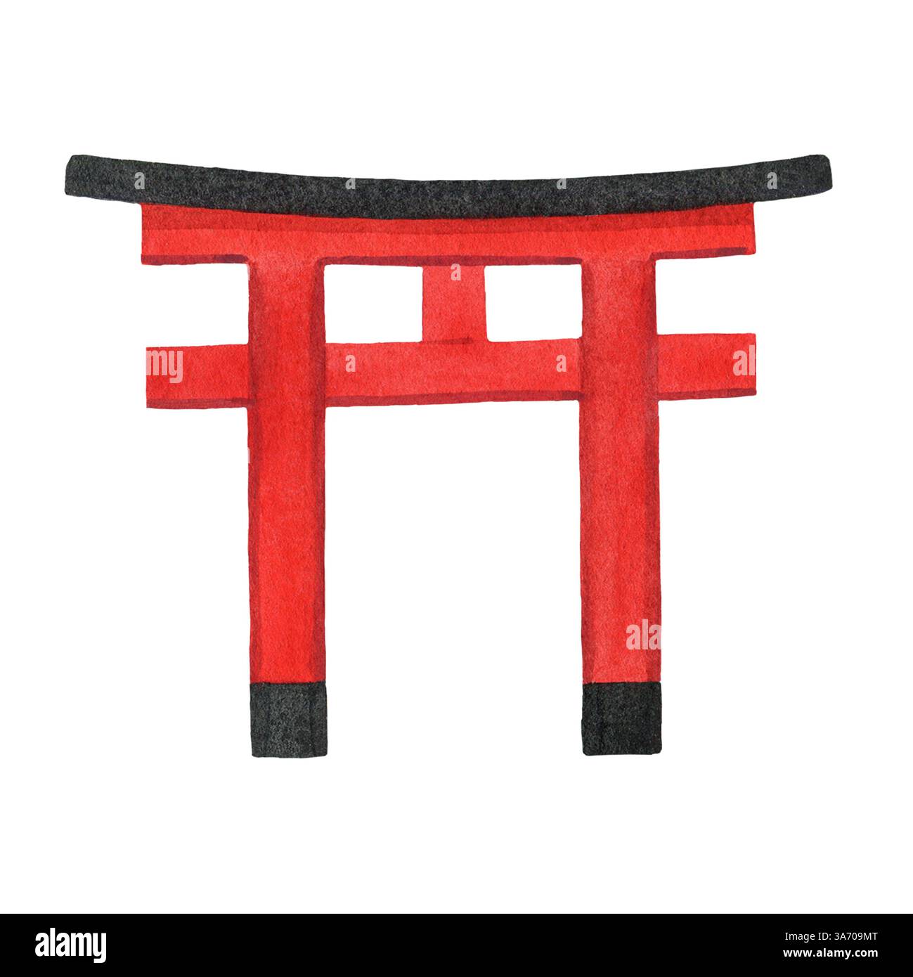 Watercolor illustration of a traditional Japanese Torii gate, symbolizing the entrance to a ...