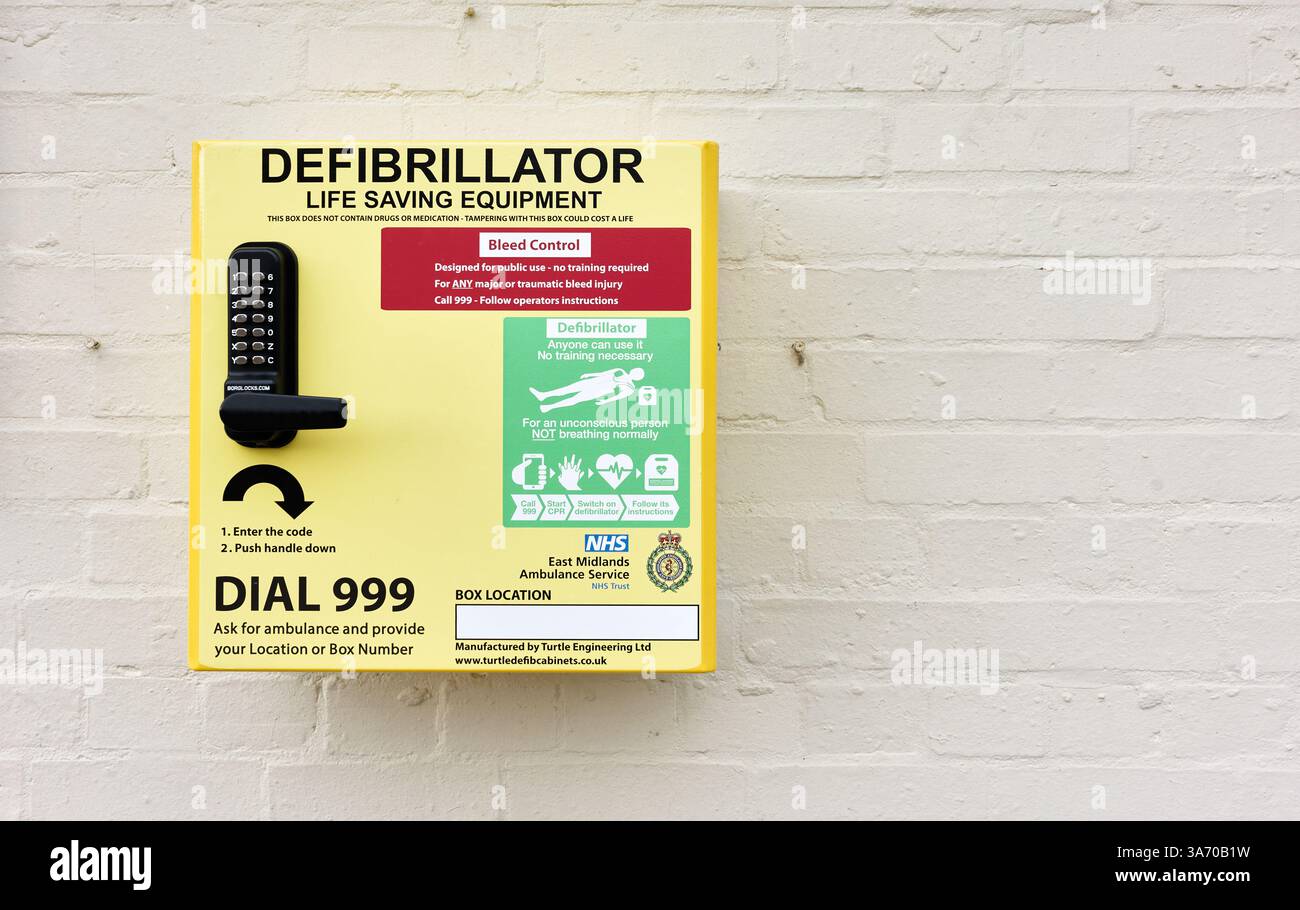 Defibrillator life saving equipment at the restaurant by the bottom ...