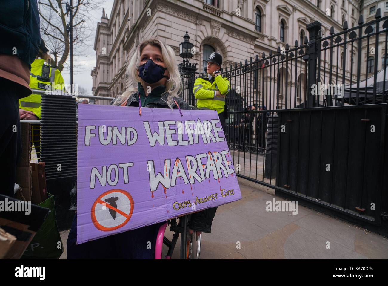 London, UK 26 March 2025. Protesters hold signs outside Downing Street ...