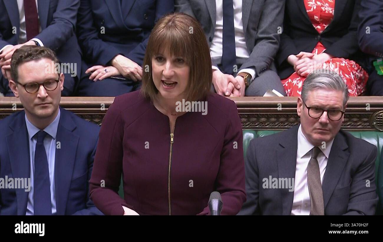 Screen grab of Chancellor of the Exchequer Rachel Reeves delivering her ...