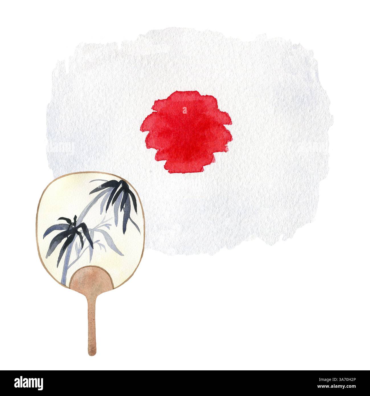 Japan flag splash design with oval paper fan. Watercolor illustration ...