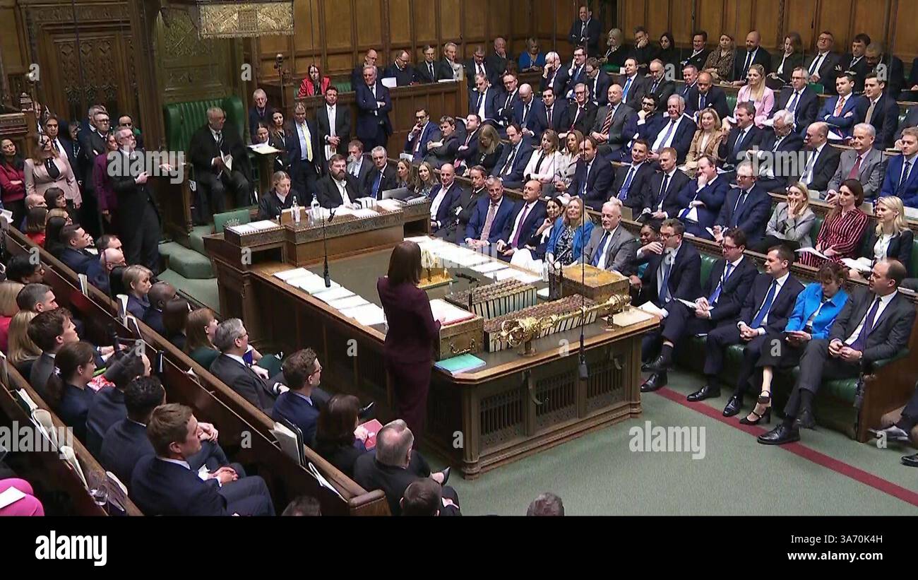 Screen grab of Chancellor of the Exchequer Rachel Reeves delivering her ...
