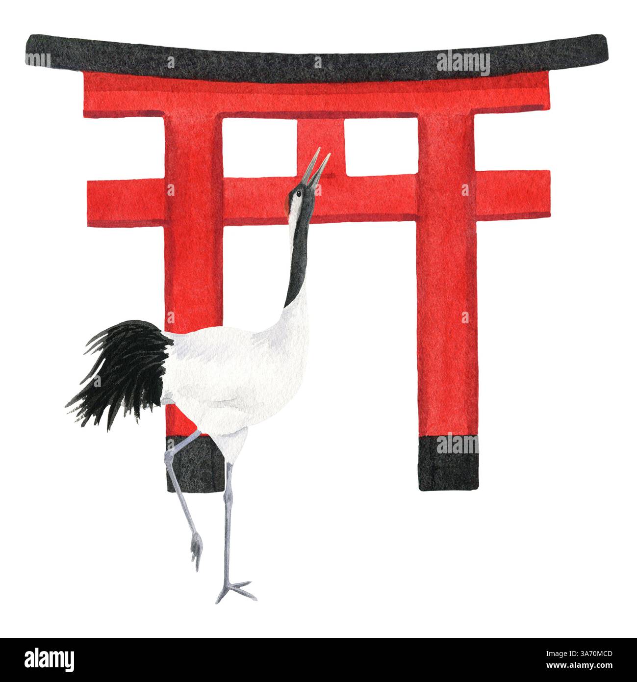 Heron bird with Torii gate. Watercolor illustration isolated on white ...