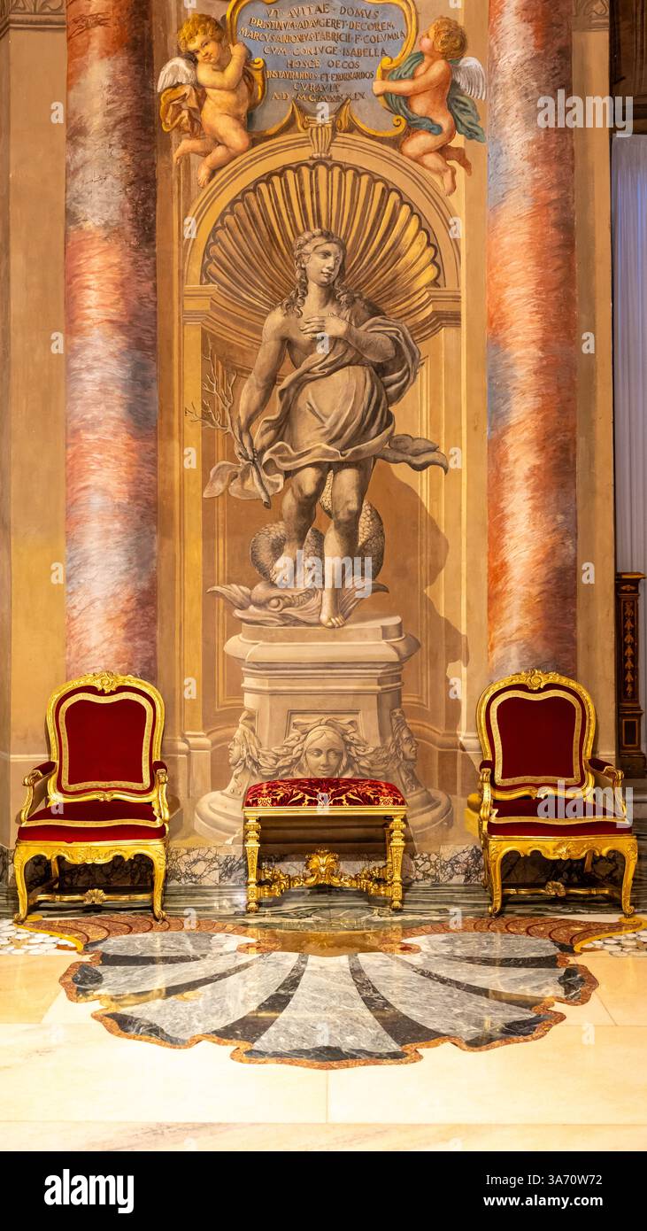 Wall of historic palace in Rome decorated with classic fresco and ...