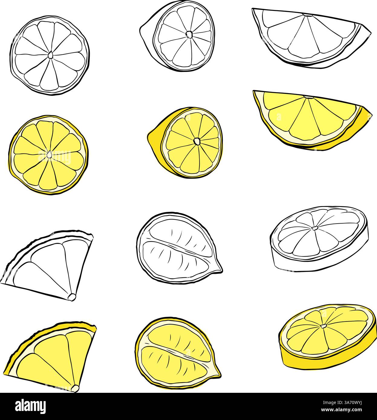 Fresh lemon fruits slices isolated icon set. Yellow and black and white ...