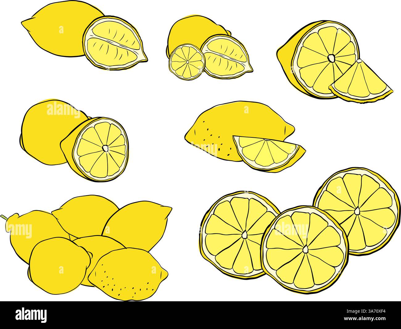 Lemons composition yellow colored graphic line ink set. Vector ...