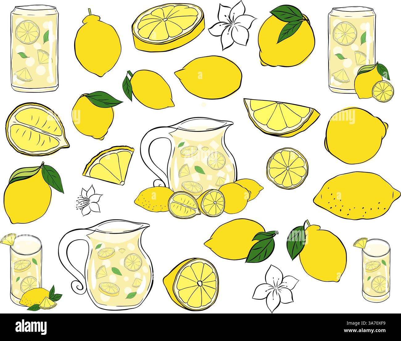 Lemon and lemonade set. vector graphic line ink yellow colored isolated ...