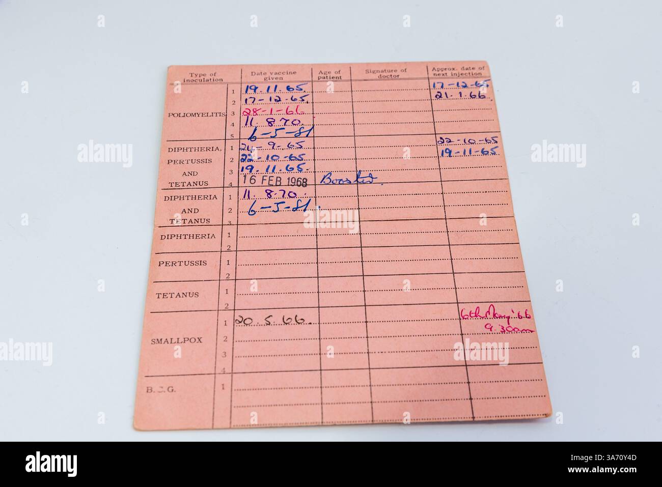 Child's vaccination report card from 1960s. Immunisation inoculation ...