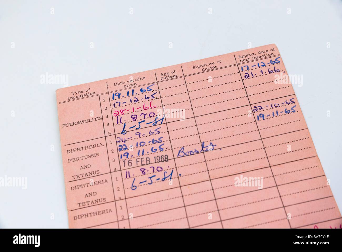 Child's vaccination report card from 1960s. Immunisation inoculation ...