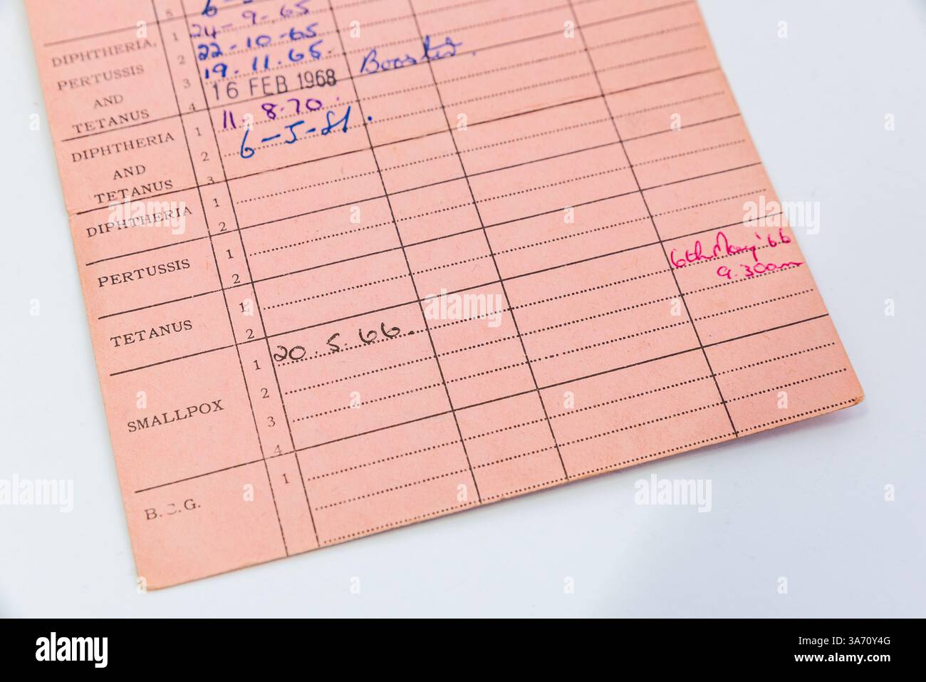 Child's vaccination report card from 1960s. Immunisation inoculation ...