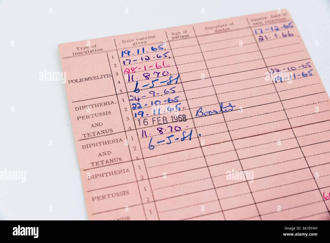 Child's vaccination report card from 1960s. Immunisation inoculation ...