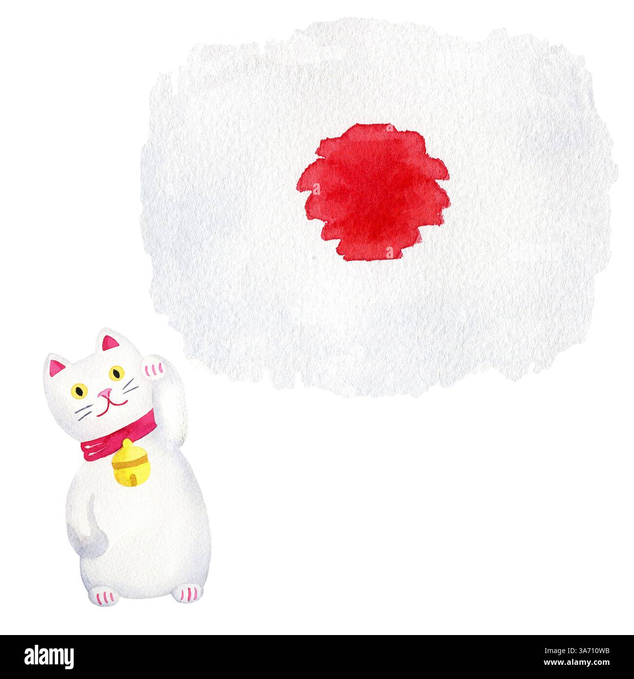 Watercolor illustration of maneki-neko with Japan flag. Isolated ...