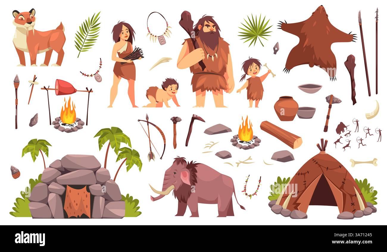 Stone age characters. Primitive culture elements, people dressed in ...