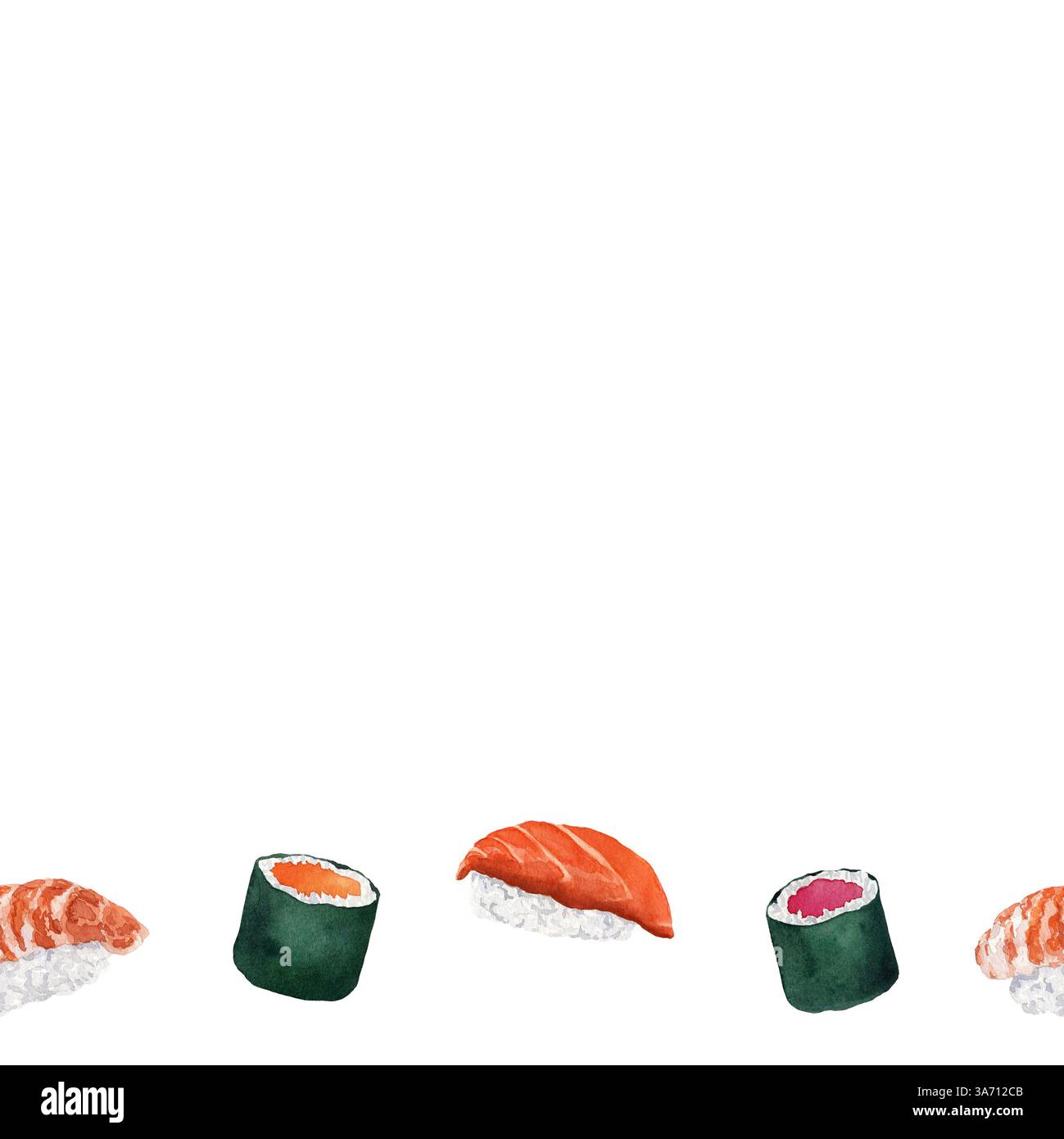 Seamless border with different sushi. Hand-drawn watercolor ...