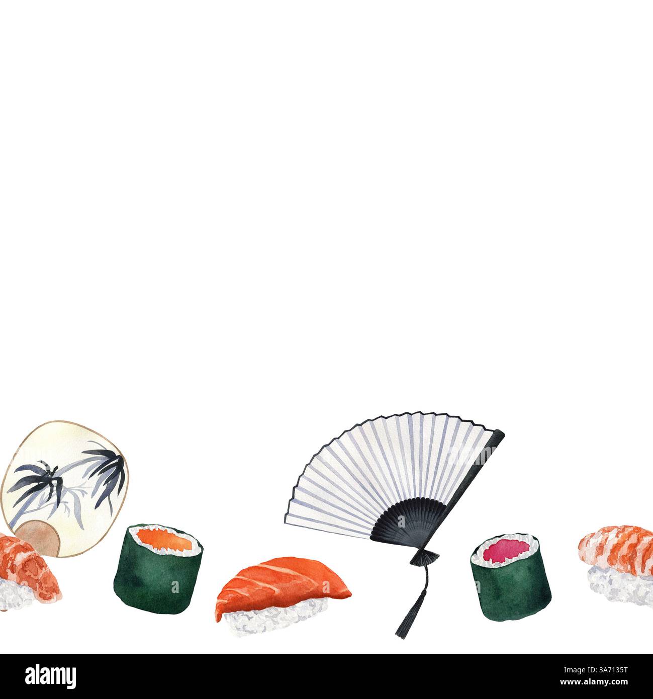 Seamless border with different sushi and Japan fans. Hand-drawn ...