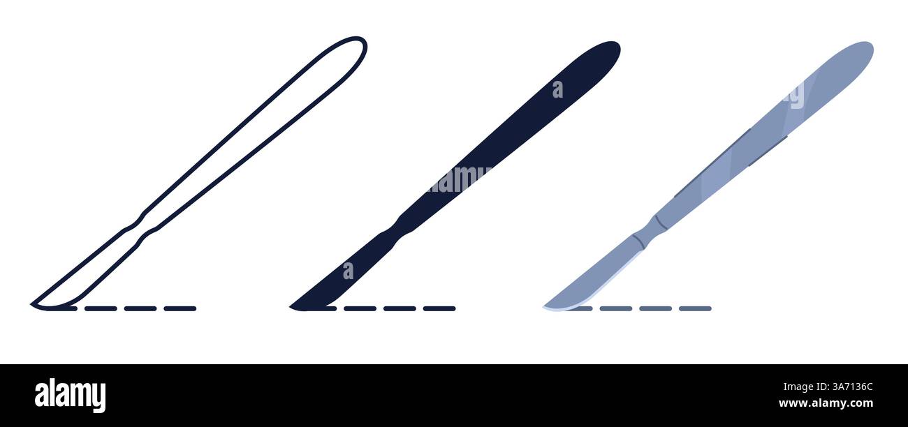 Set scalpel icons with incision. Black silhouette, outline and colorful ...