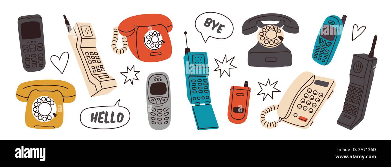 Retro phones. Vintage electronic devices, remote communication old ...