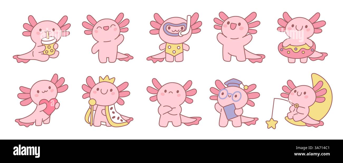 Pink funny axolotls. Kawaii animal mascot, amphibia character ...