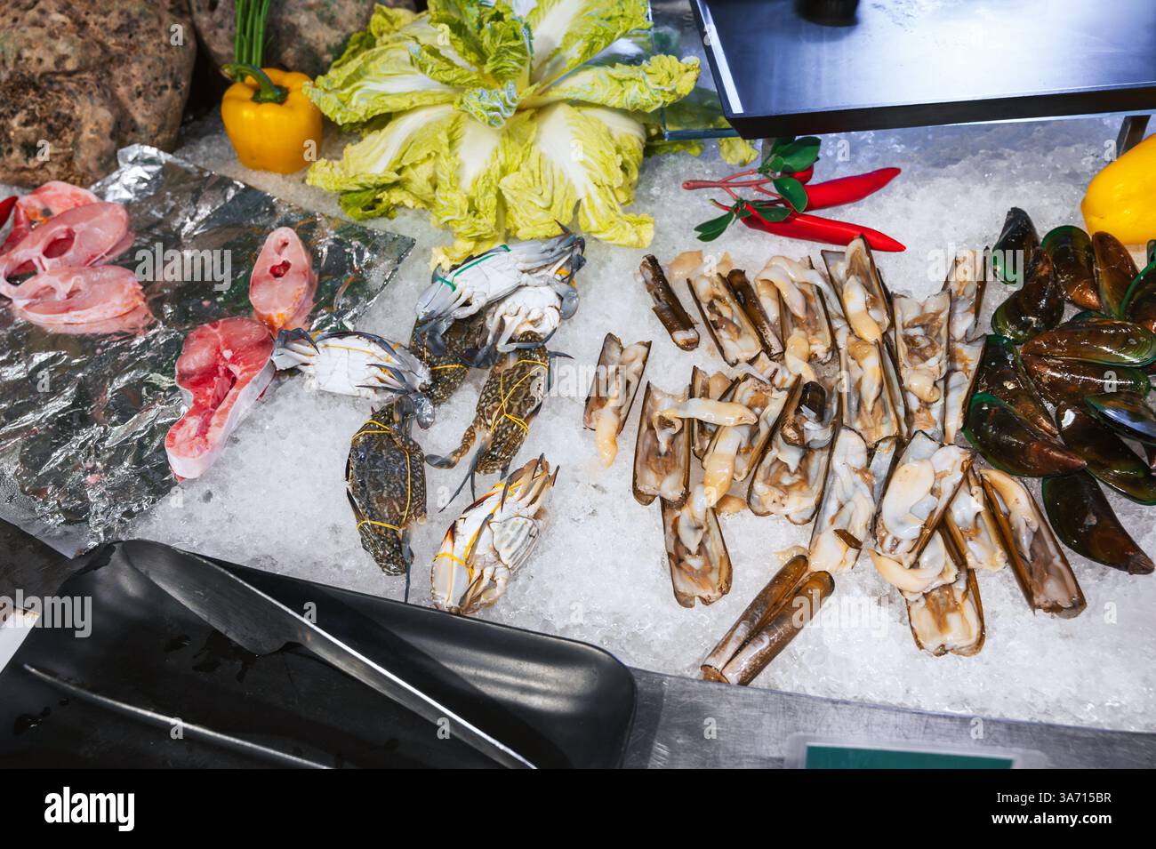 Asian seafood on display at the Asian night Market in Vietnam. Fresh ...