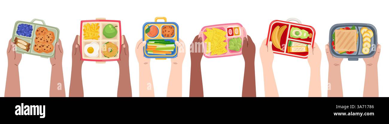 Kids hands hold lunch boxes. Top view, food containers, school snacks ...