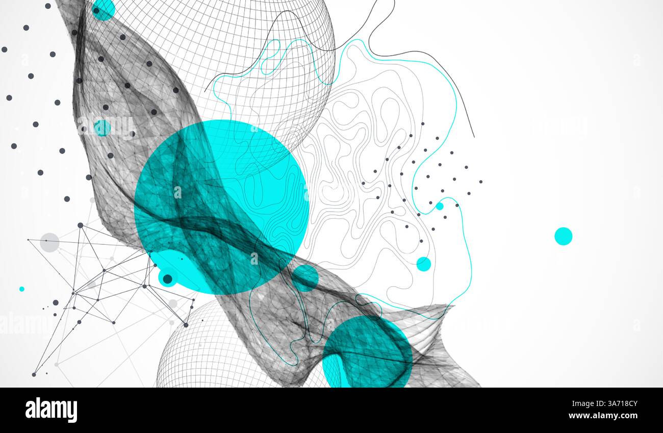 Science fiction background. Abstract image of wireframe wave and sphere ...