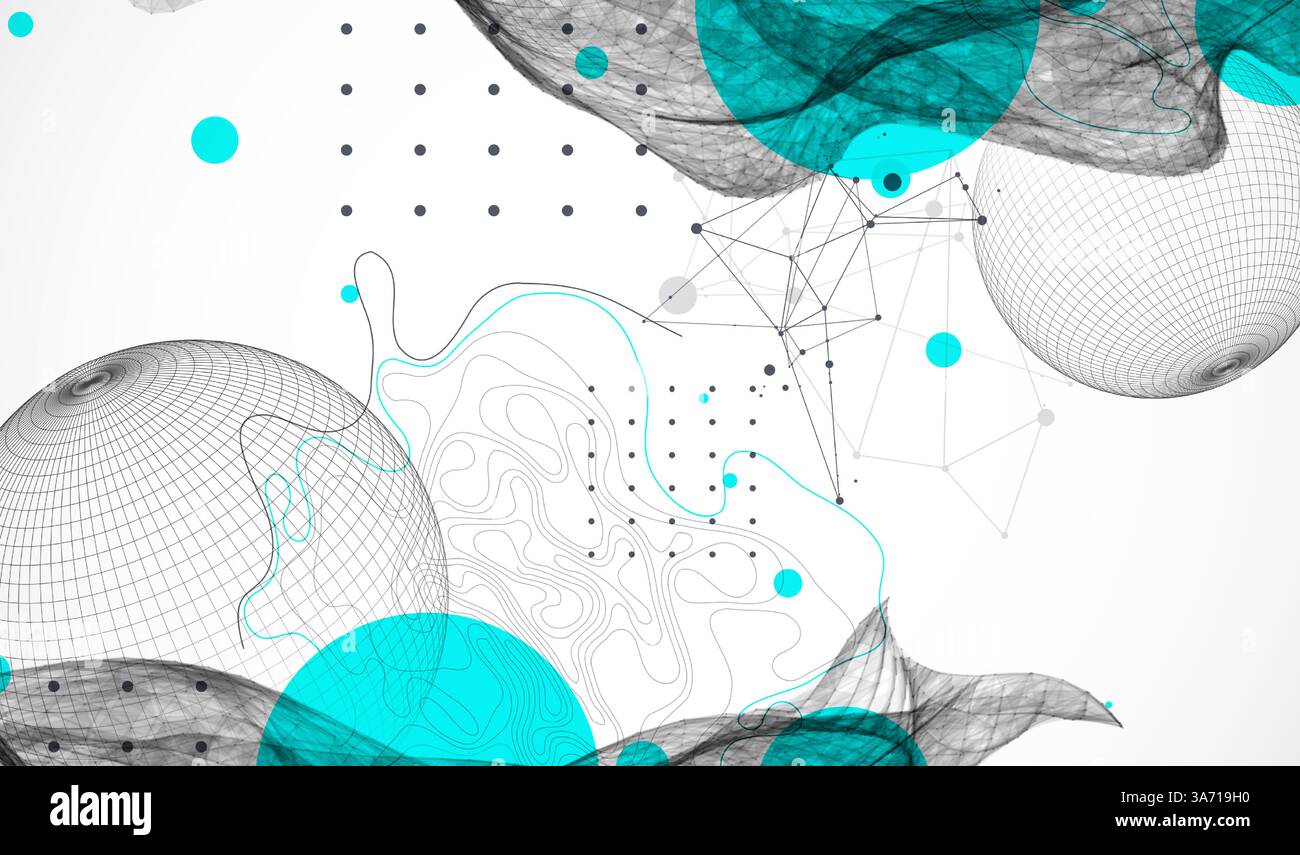 Science fiction background. Abstract image of wireframe wave and sphere ...