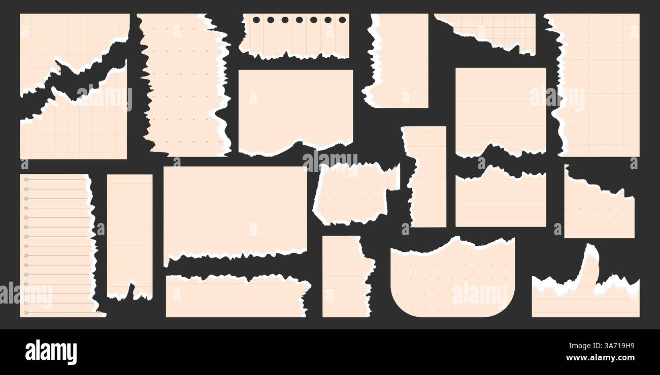 Set of beige decorative paper scraps. Torn notebook sheet, notepad, note, diary. Pieces of torn ...