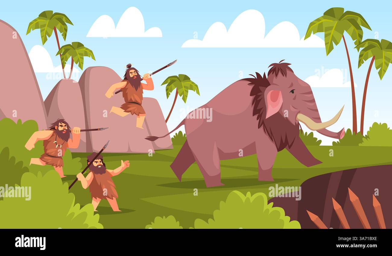 Cavemen on hunting. Stone age people with spears chasing mammoth, primitive men in animal skin ...