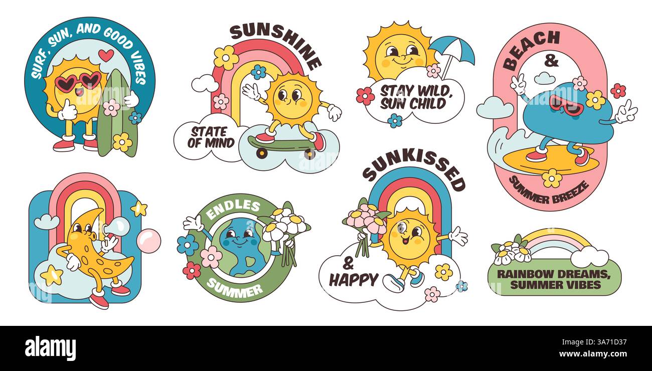 Cartoon retro characters stickers. Groovy cool emblems, funny weather ...